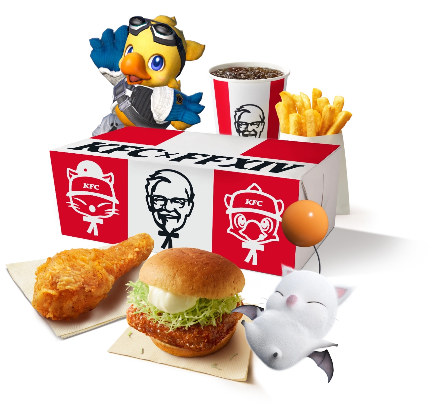 KFC ファイナルファンタジーXIV(FF14)コラボセット10月4日発売、モーグリ＆チョコボの専用BOX、ステッカー・特典アイテムコード付き、“光の戦士”カーネル･サンダース登場も ...